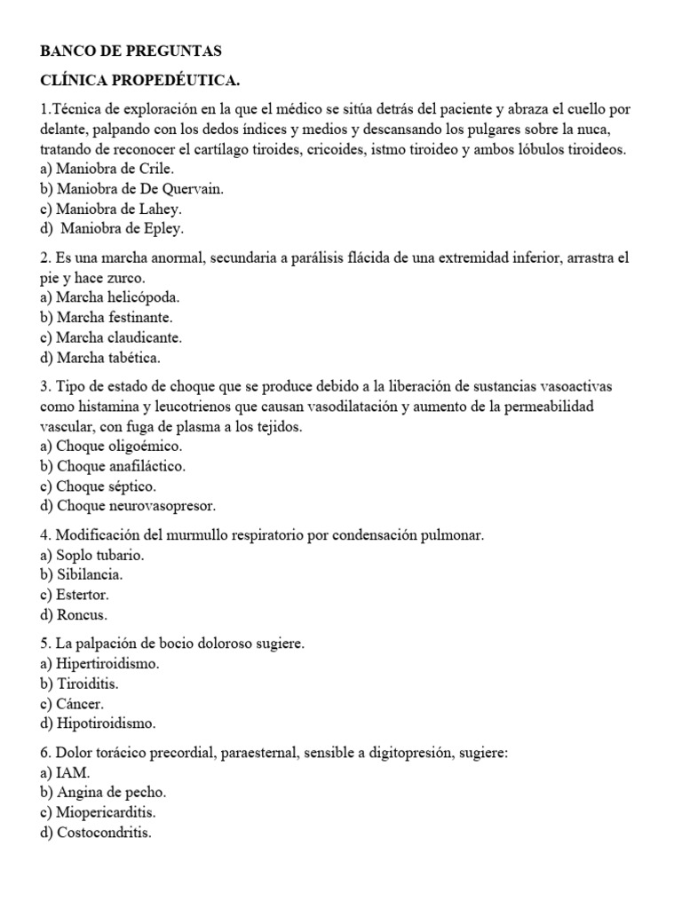 Banco de Preguntas Tercer Departamental de Clínica Propedéutica | PDF