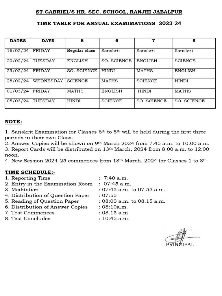 Class 5 - 8 Annual Exam Time Table 2024 | PDF