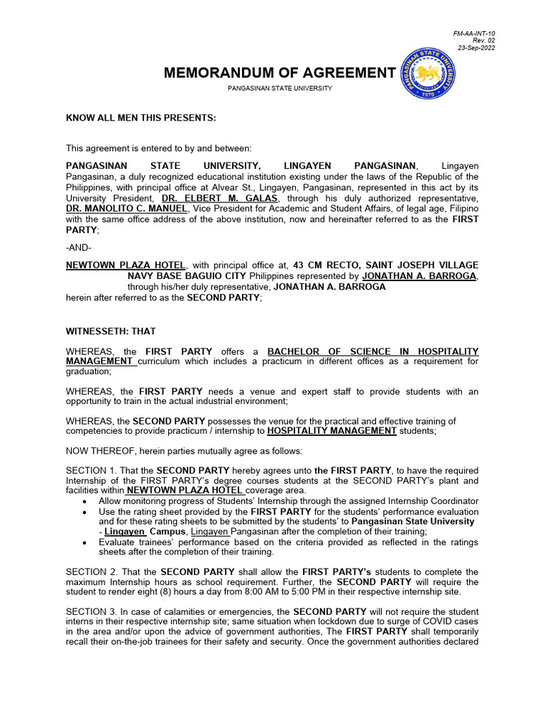 10 Memorandum Of Agreement Rev 02 Pdf