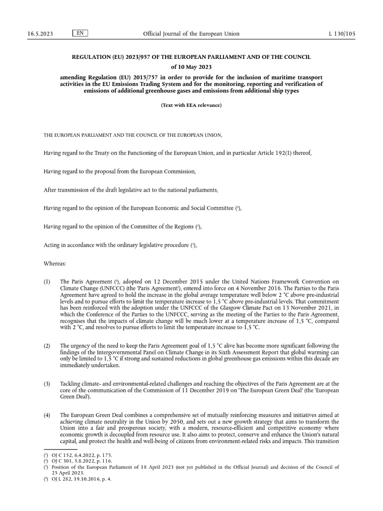 EU MRV Regulation 2023-957 - 20230516 (Official) | PDF