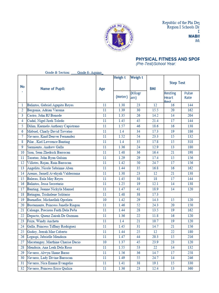 Consolidation Physical Fitness Test Form PDF Free | PDF