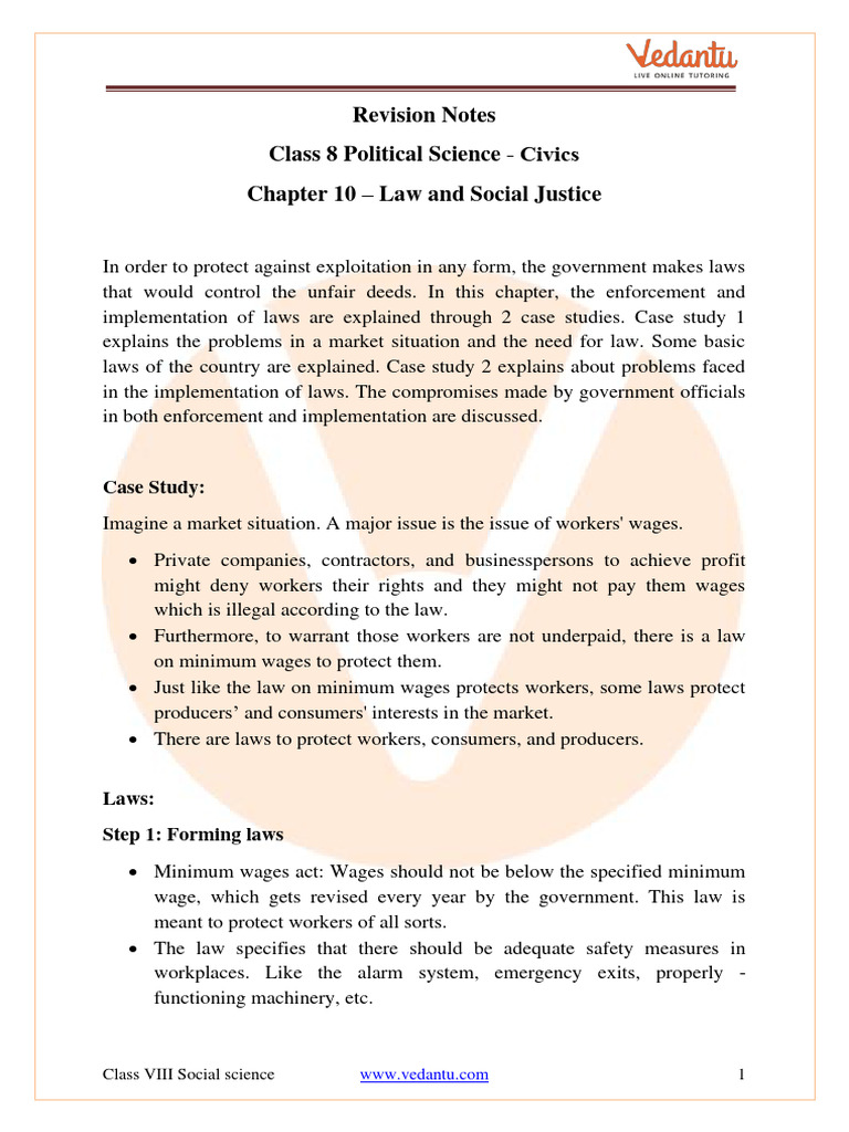 Class 8 Ch-10 Law and Social Justice Notes Political Science | PDF ...