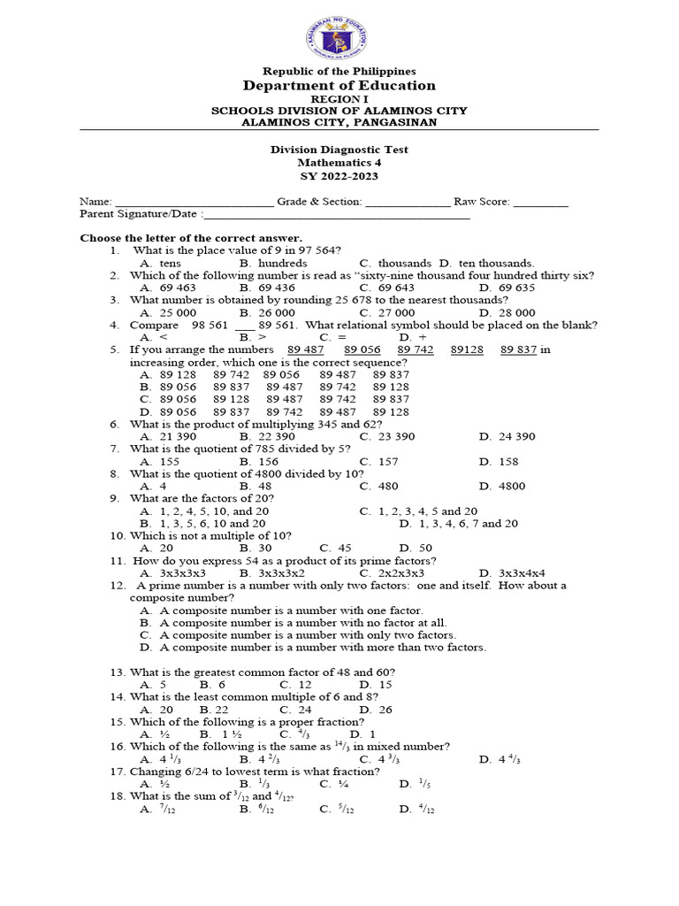 Math 4 Diagnostic Test | PDF