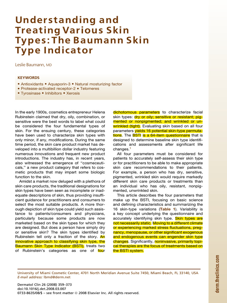 Baumann Skin Type Indicator Explained | PDF | Skin | Chemistry