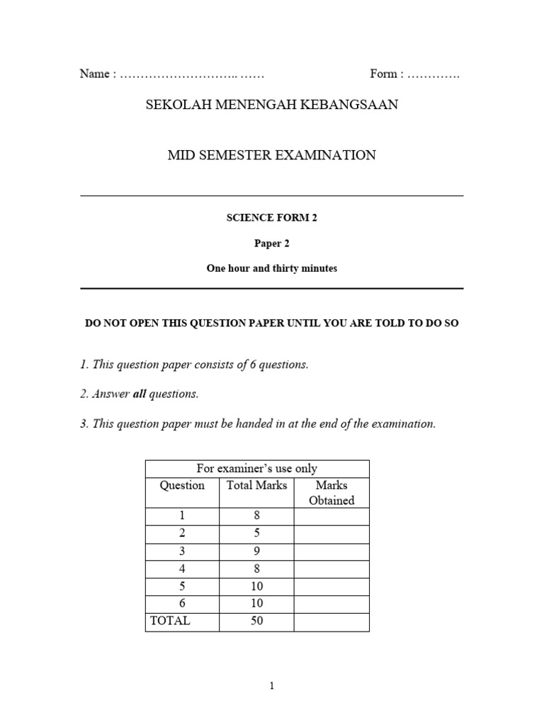Science Form 2 Exam Paper | PDF | Plants | Water