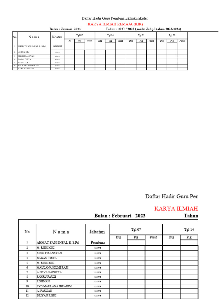 Contoh Absensi Pembina Ekstra | PDF