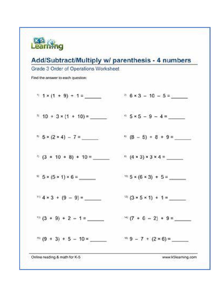 Ejercicios Jerarquia de Operaciones Primer Grado | PDF