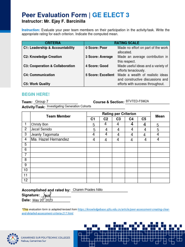 GE ELECT 3 Peer Evaluation Form | PDF
