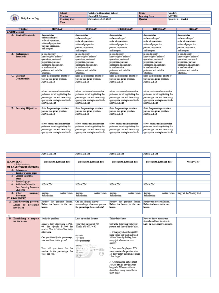 Grade 6 Math Lesson Plan: Percentages | PDF