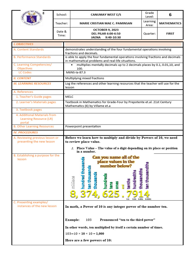 Math6 WK6 Lesson1 Multiply by 10,0.1 | PDF