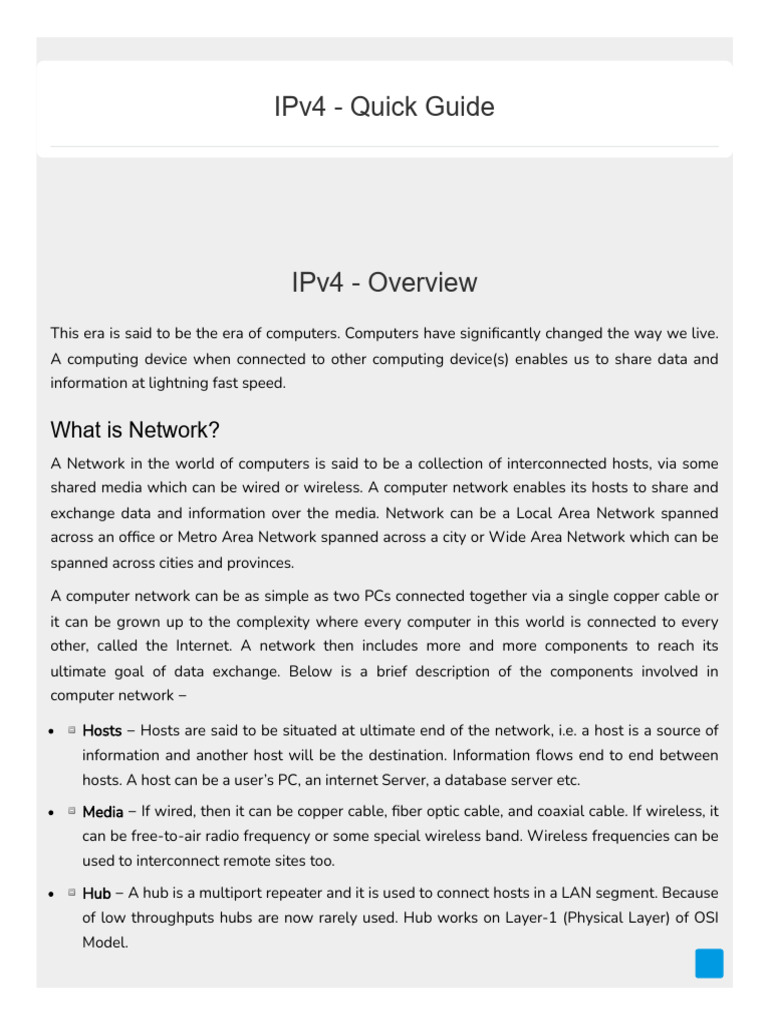 IPv4 - Quick Guide | PDF | Ip Address | Internet Protocol Suite IPv4 - Quick Guide | PDF | Ip Address | Internet Protocol Suite