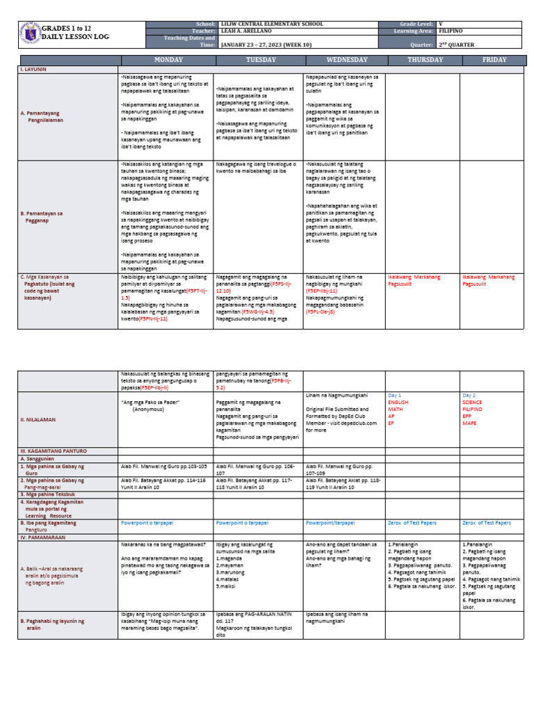 DLL Filipino-5 Q2 W10 | PDF