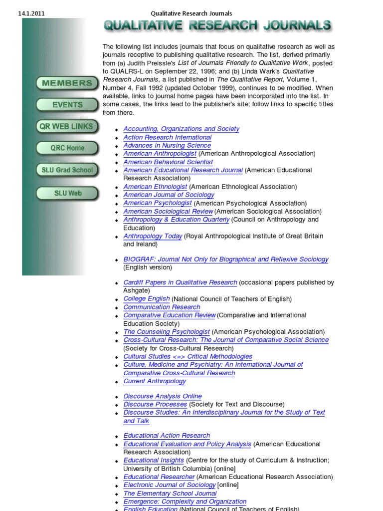 Research Journals, A List Published in The Qualitative Report, Volume 1 ...