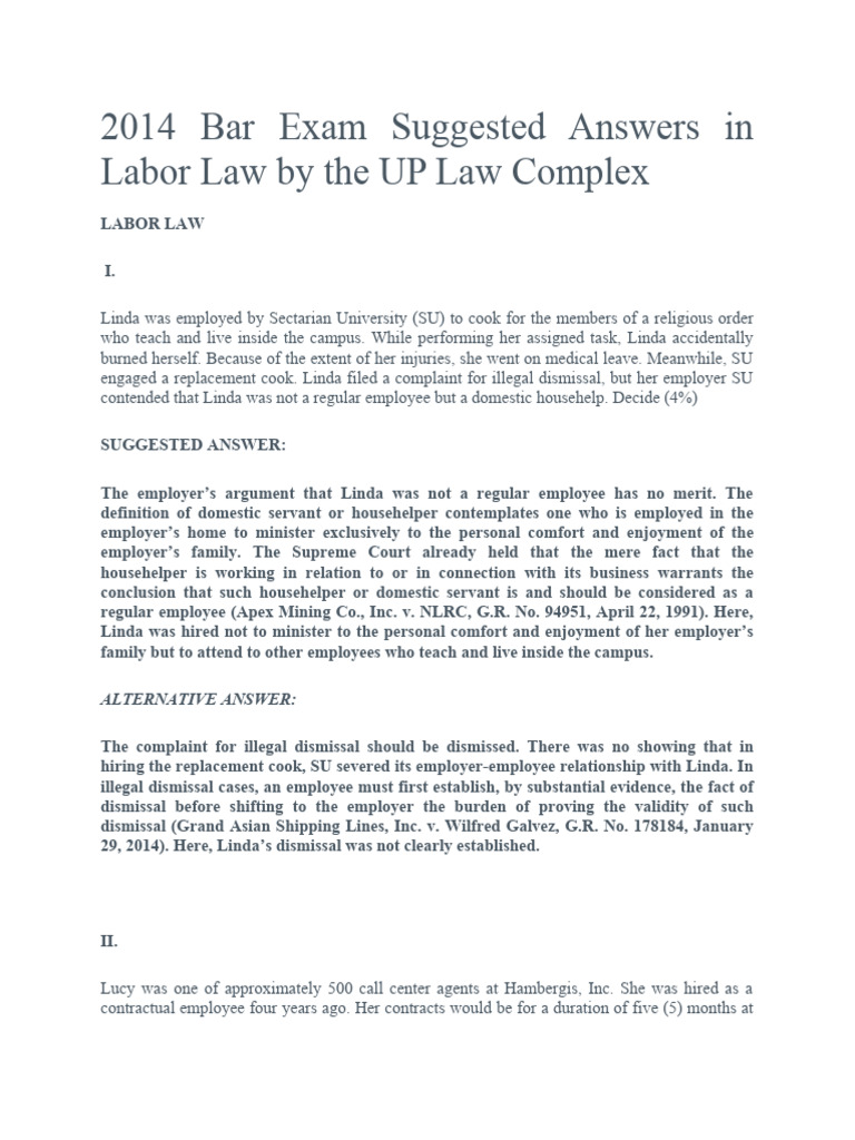 2014 Bar Exam Suggested Answers in Labor Law by The UP Law Complex | PDF
