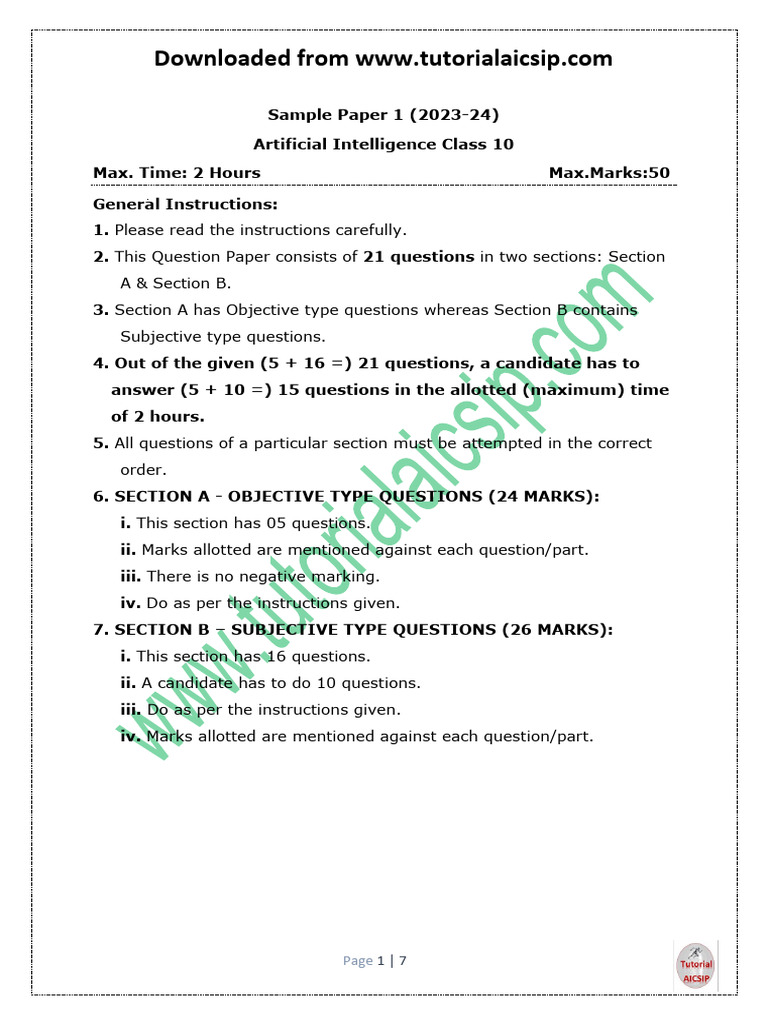 Sample Paper 1 AI Class 10 For 2024 | PDF