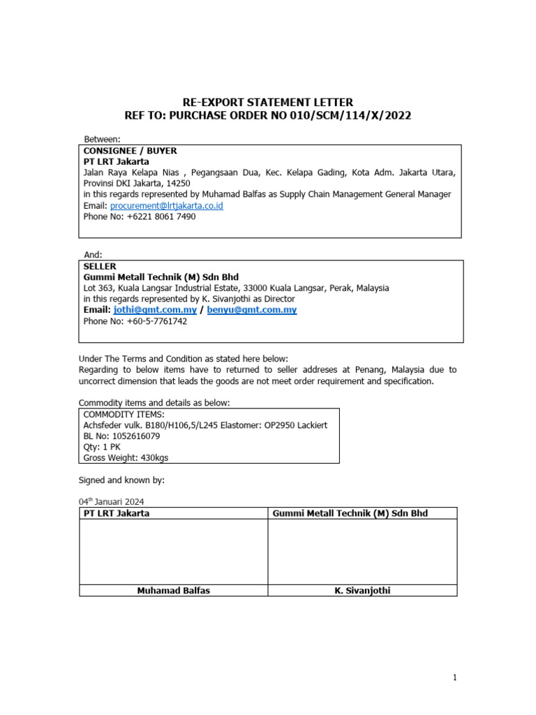 Re-Export Statement Letter | PDF | Technology & Engineering