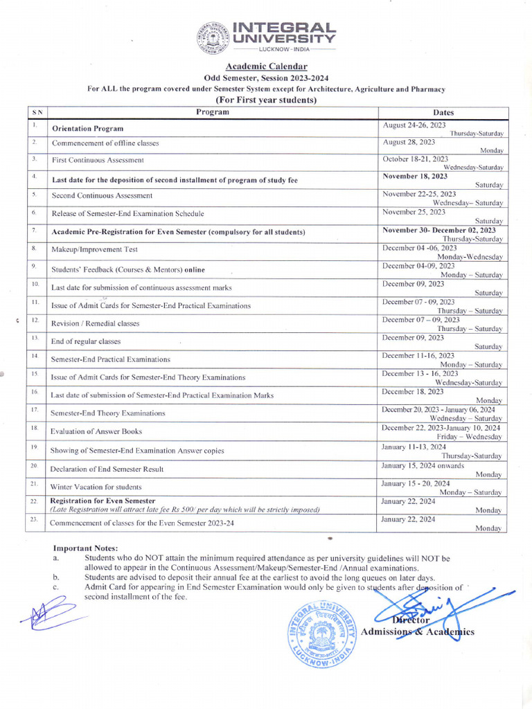 Academic Calendar Odd Sem For First Year 2023 24 | PDF