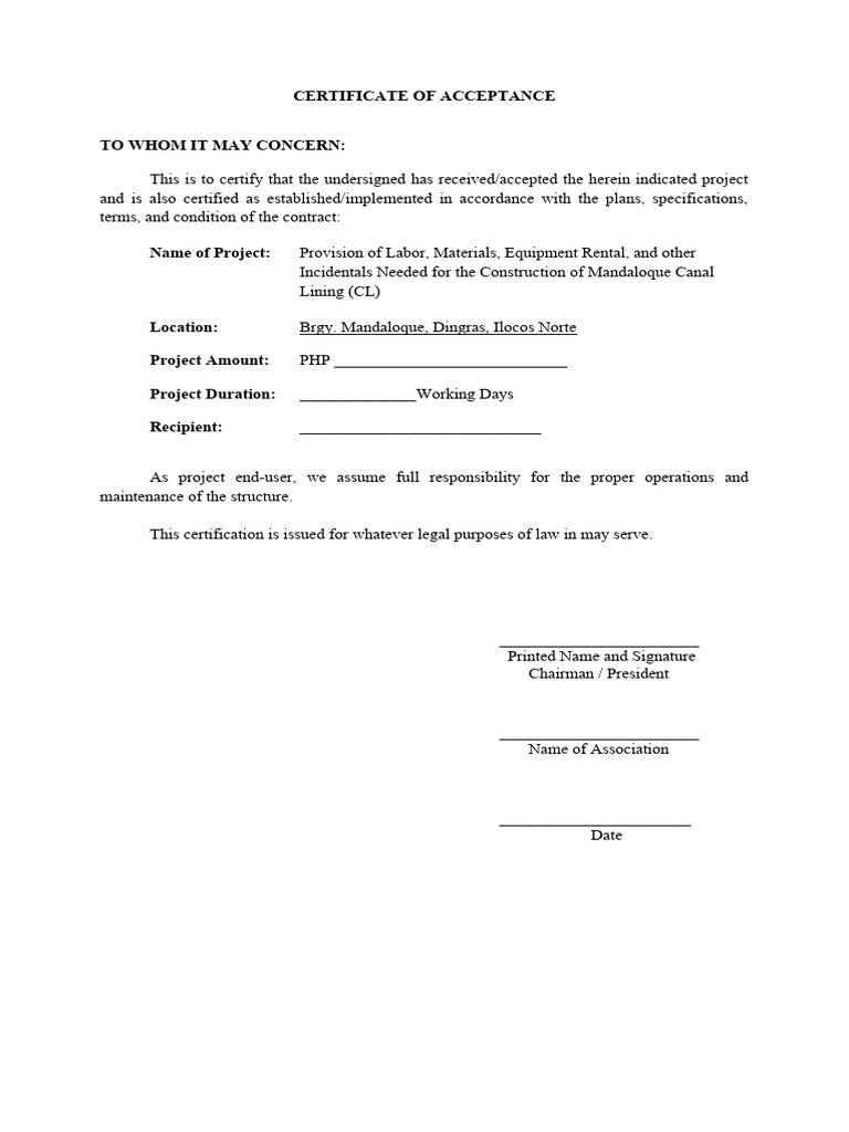 Certificate of Acceptance by The Recipient | PDF