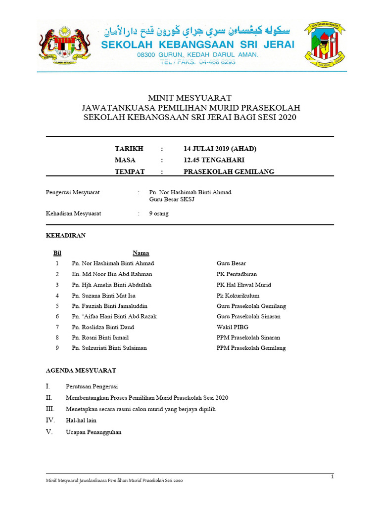 MINIT MESYUARAT Pemilihan Murid 2020 | PDF