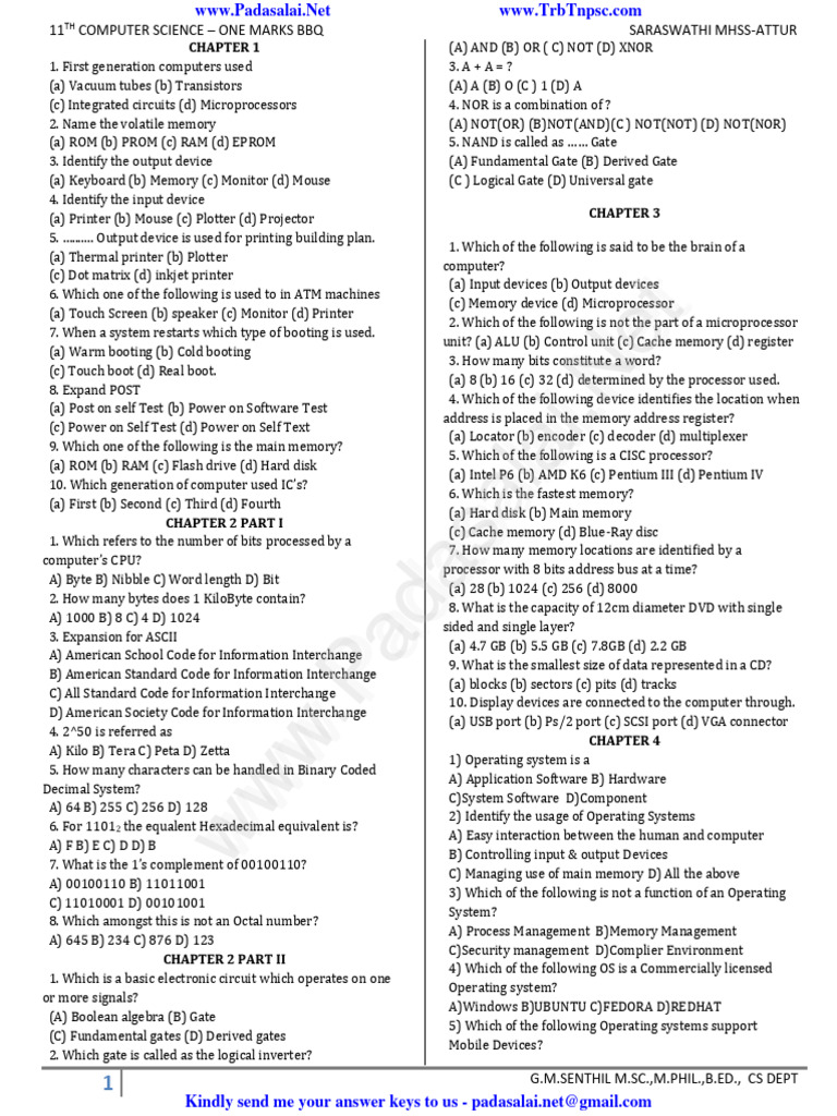 11th Computer Science EM 1 Marks Book Back Questions English Medium PDF Download | PDF ...