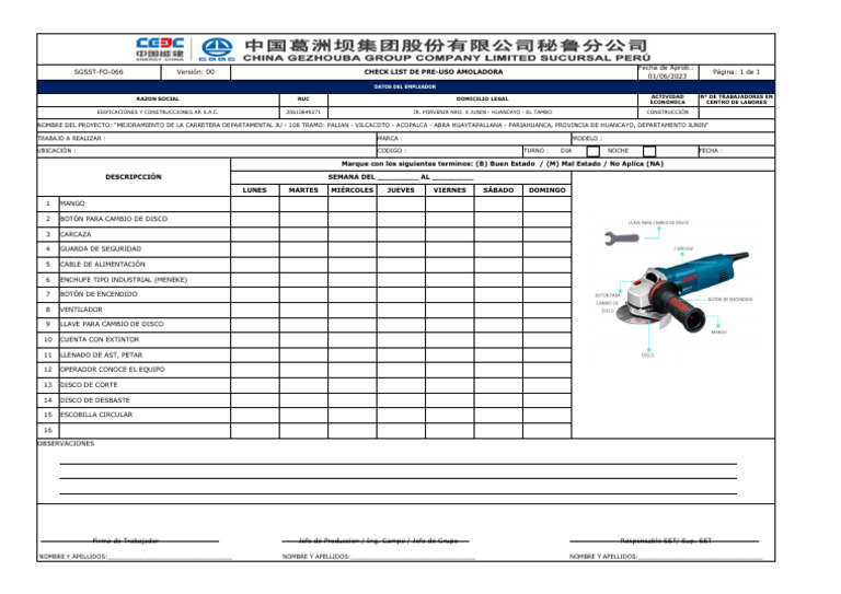SGSST-FO-066 Check List de Pre - Uso de Amoladora Feliciano | PDF SGSST-FO-066 Check List de Pre - Uso de Amoladora Feliciano | PDF