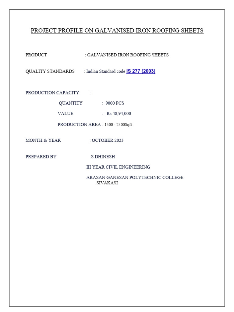 Project Profile On Galvanised Iron Roofing Sheets | PDF