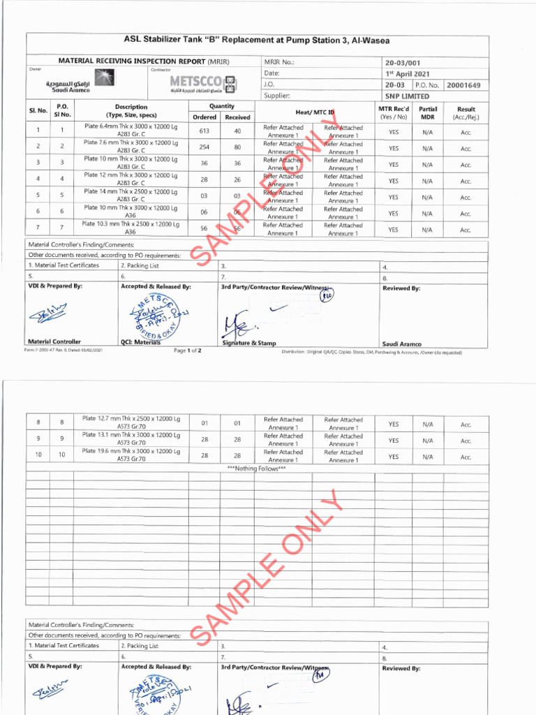 Material Receiving Inspection Report With MTCs | PDF