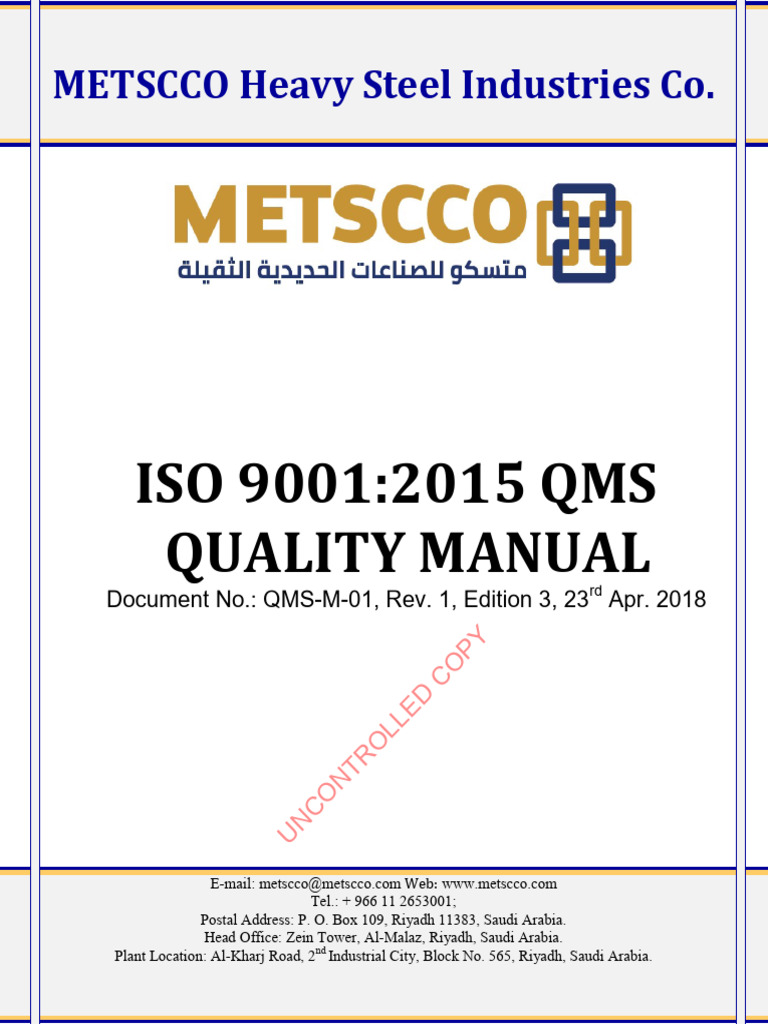 Quality Manual (ISO 9001 - 2015 QMS | PDF
