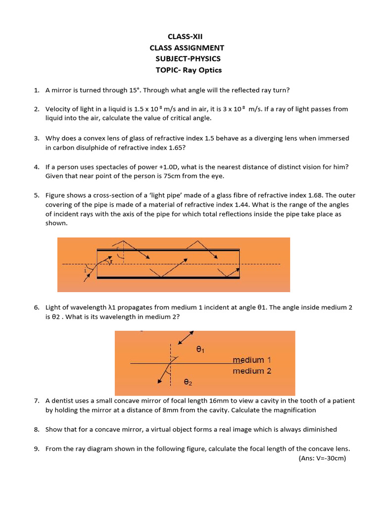 Assignment-Ray Optics | PDF | Refractive Index | Optics