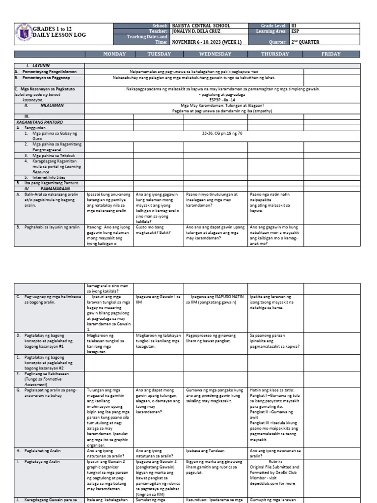 DLL Esp-3 Q2 W1 | PDF