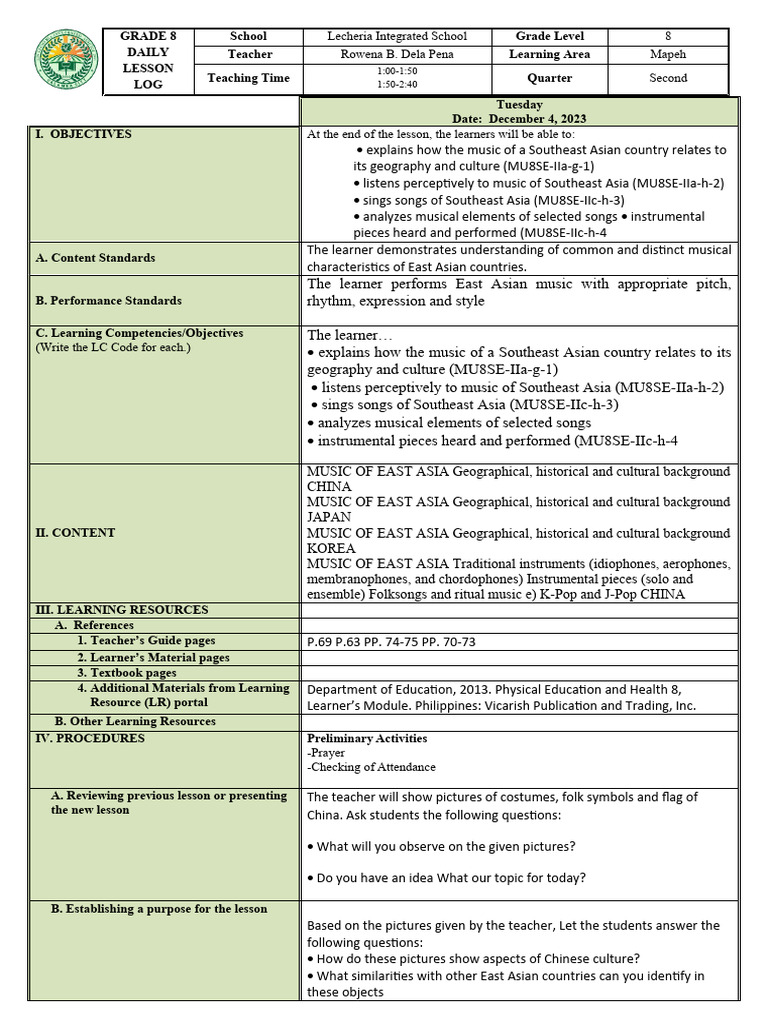Mapeh Dll-Dec.4 (Music Lesson 1) | PDF