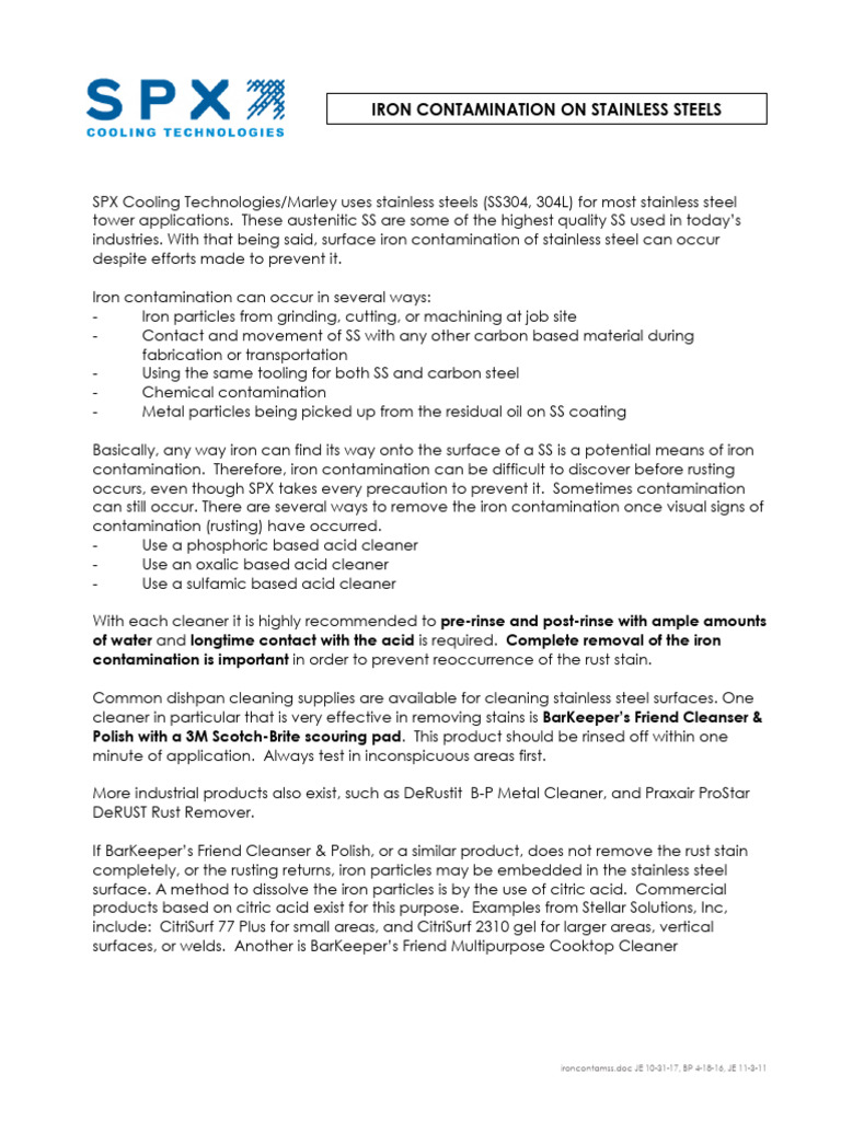 Iron Contamination in Stainless Steel | PDF