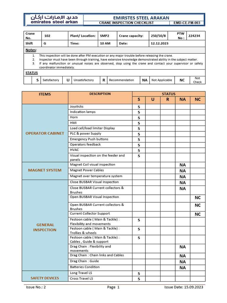 12.12.2023 - Crane 102 Inspection Checklist | PDF