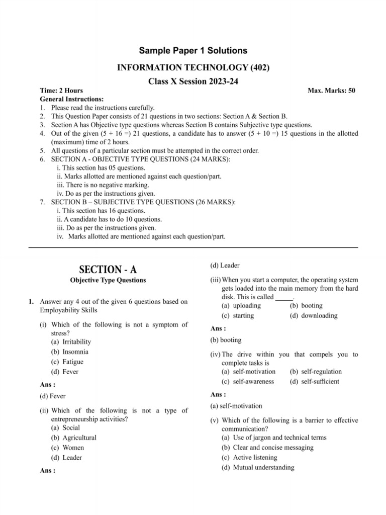 Class 10th IT Sample Paper-1 | PDF
