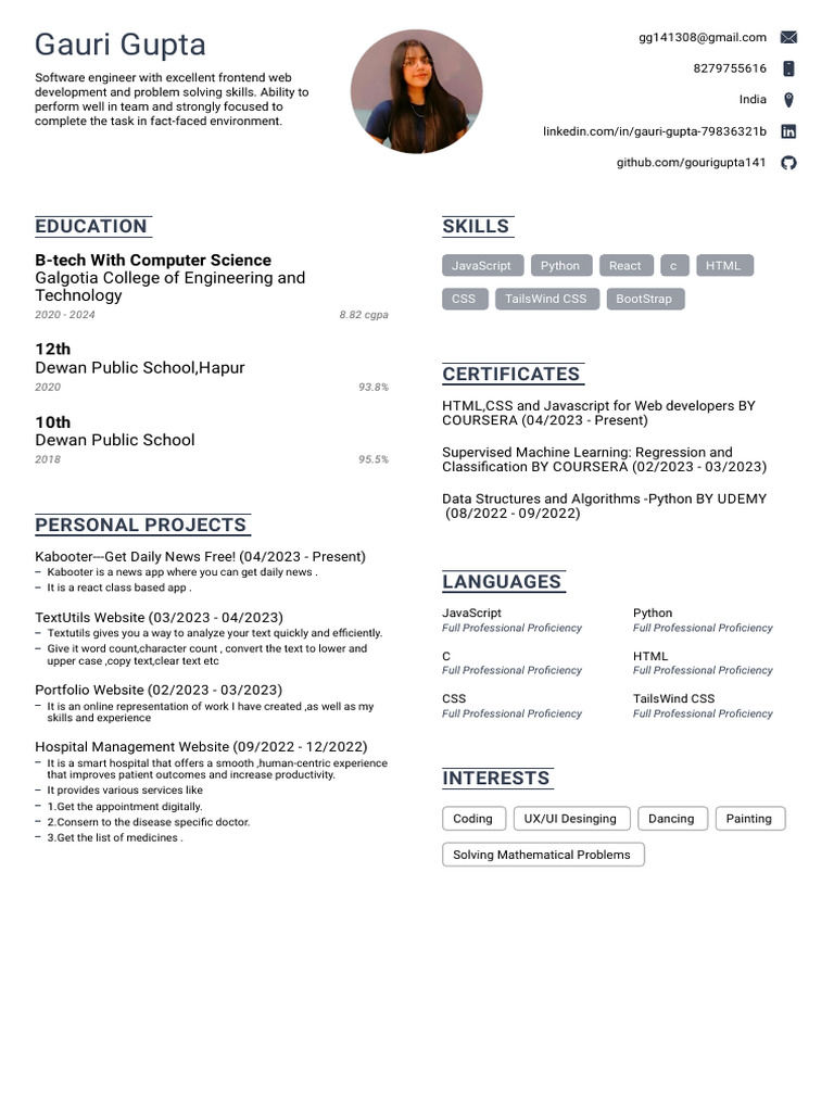 Gauri Gupta: Frontend Developer Resume | PDF | Computers