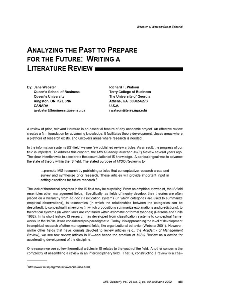 Analyzing The Past To Prepare For The Future: Writing A Literature ...