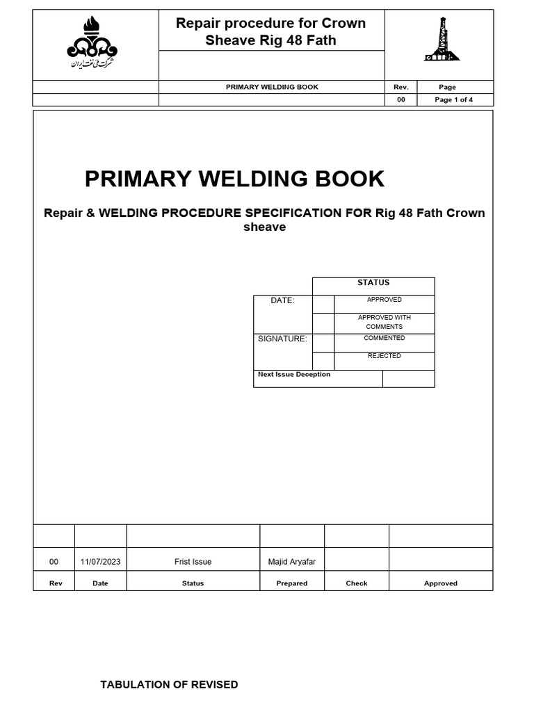 Primary Welding Book: Repair Procedure For Crown Sheave Rig 48 Fath | PDF
