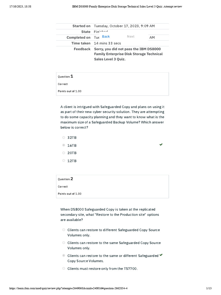 IBM DS8000 Family Enterprise Disk Storage Technical Sales Level 3 Quiz - Attempt Review | PDF