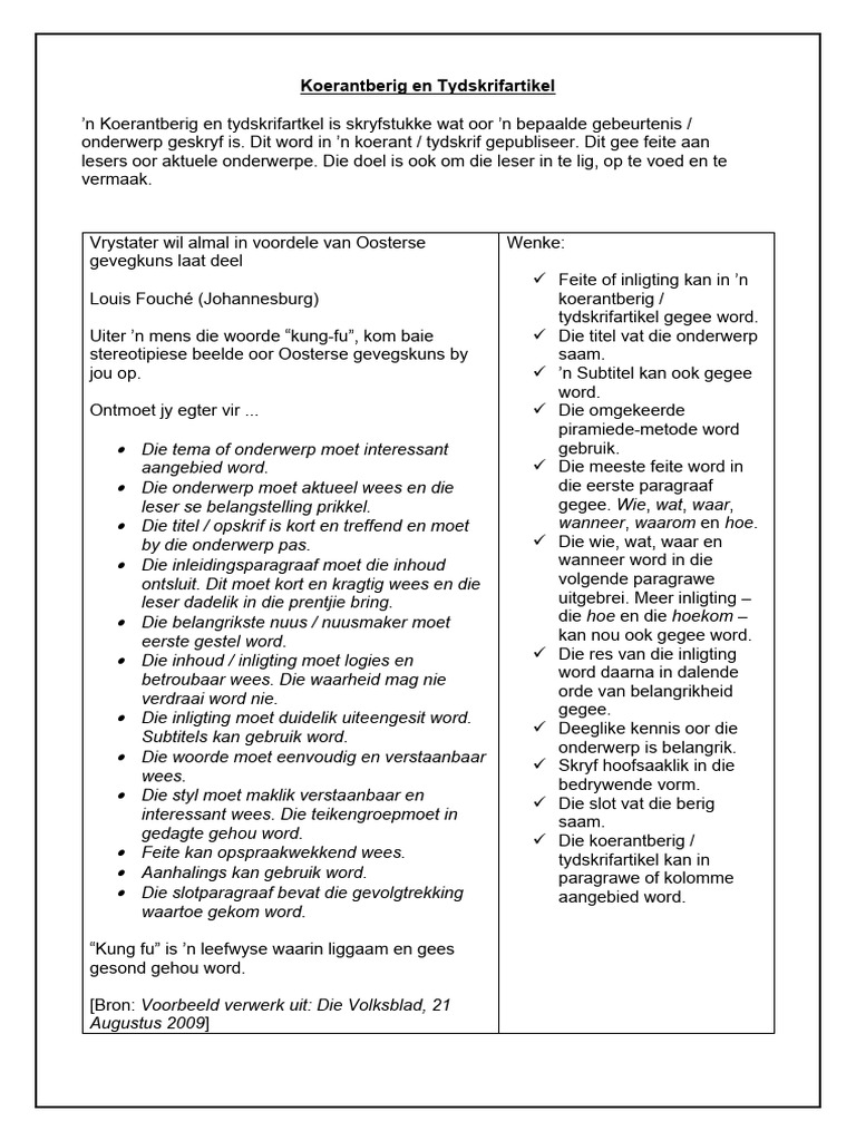 Koerantberig en Tydskrifartikel (Week 7&8) | PDF