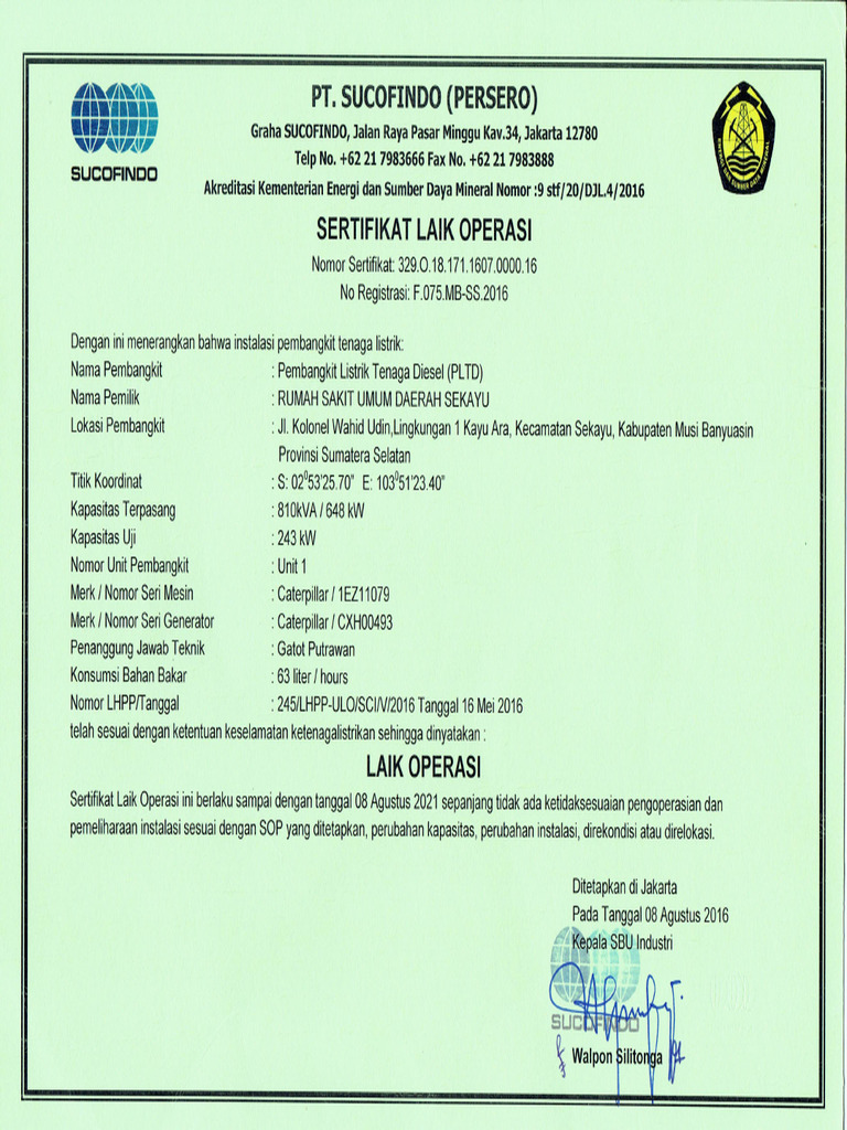 Sertifikat Laik Operasi Sucofindo | PDF