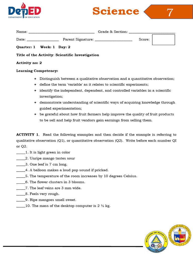 Science 7 - q1 - Dw2 | PDF