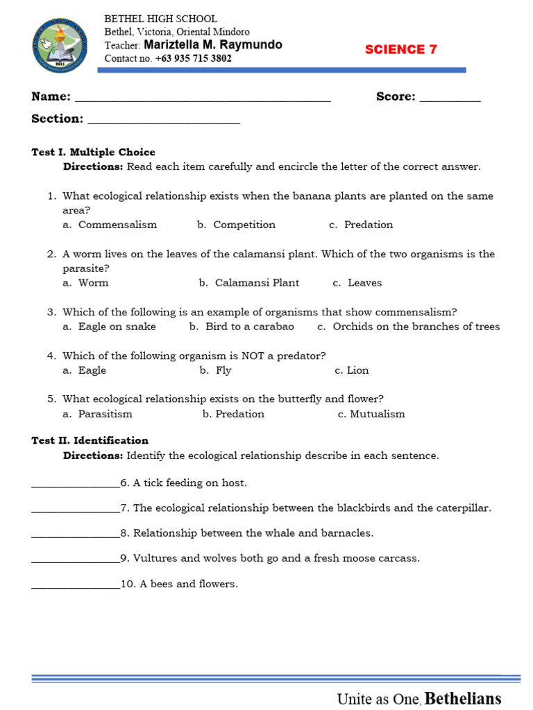 Ecological Relationship Quiz | PDF | Science & Mathematics