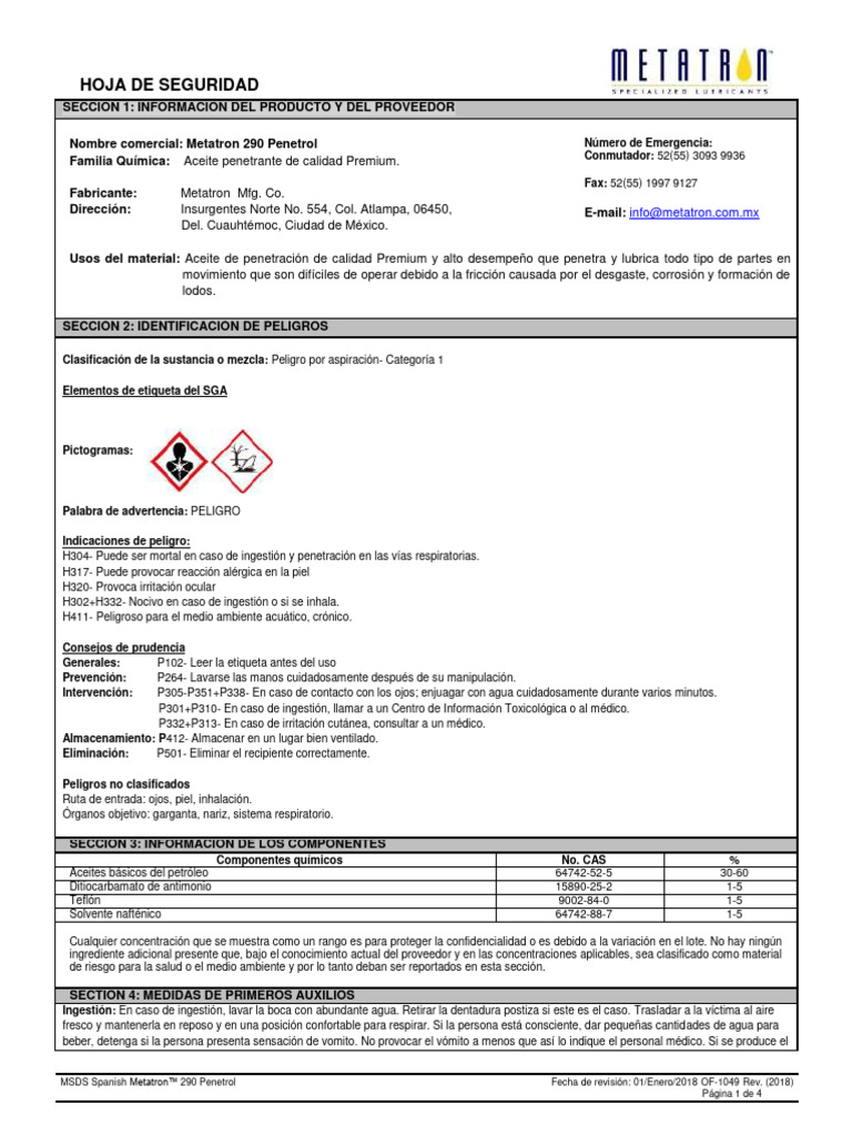 MSDS Metatron 290 Granel | PDF | Agua | Combustión
