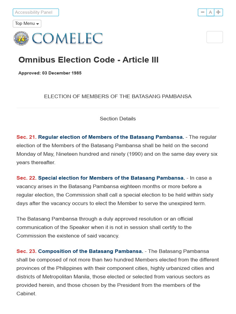 Omnibus Election Code - Article III - Election of The Members of The ...