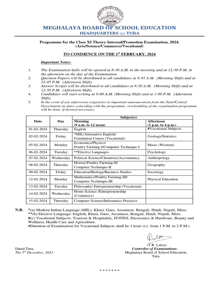 Meghalaya Class XI Exam Schedule 2024 | PDF | Science