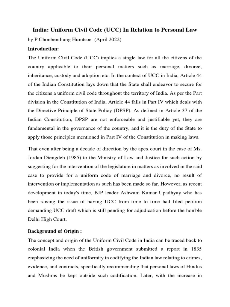 India: Uniform Civil Code (UCC) in Relation To Personal Law | PDF