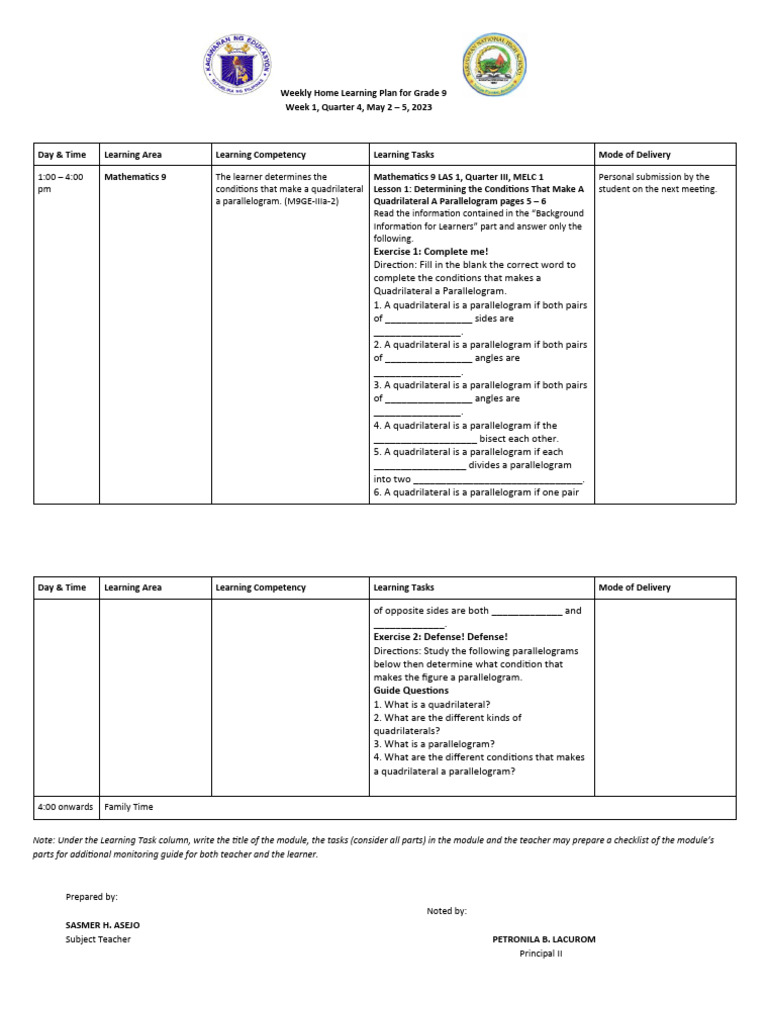 Q4 Weekly Home Learning PLan For Grade 9 Week 1 | PDF