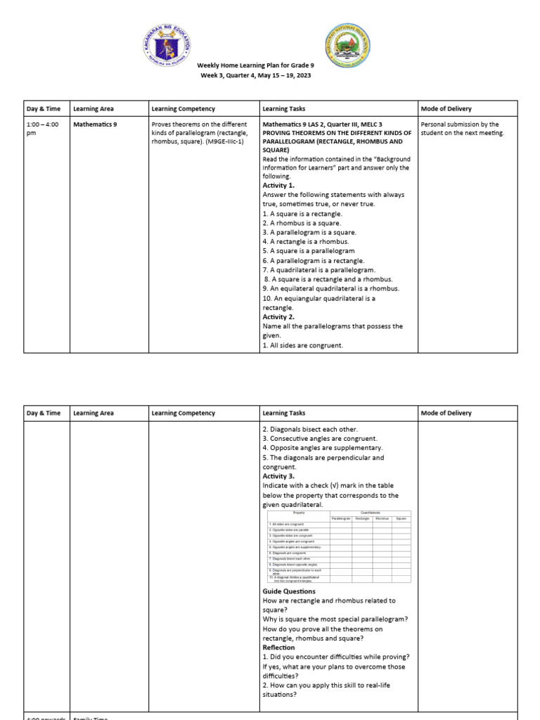 Q4 Weekly Home Learning PLan For Grade 9 Week 3 | PDF