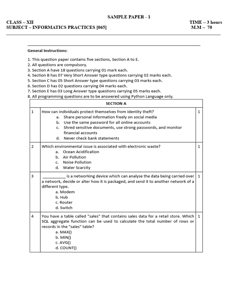 CBSE Class 12 Informatics Practices Paper | PDF | Teaching Methods ...