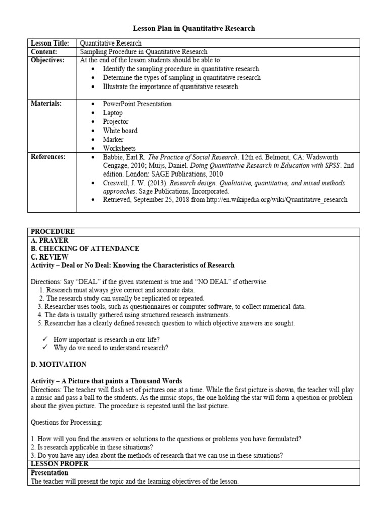 Lesson Plan in Quantitative Research2 | PDF